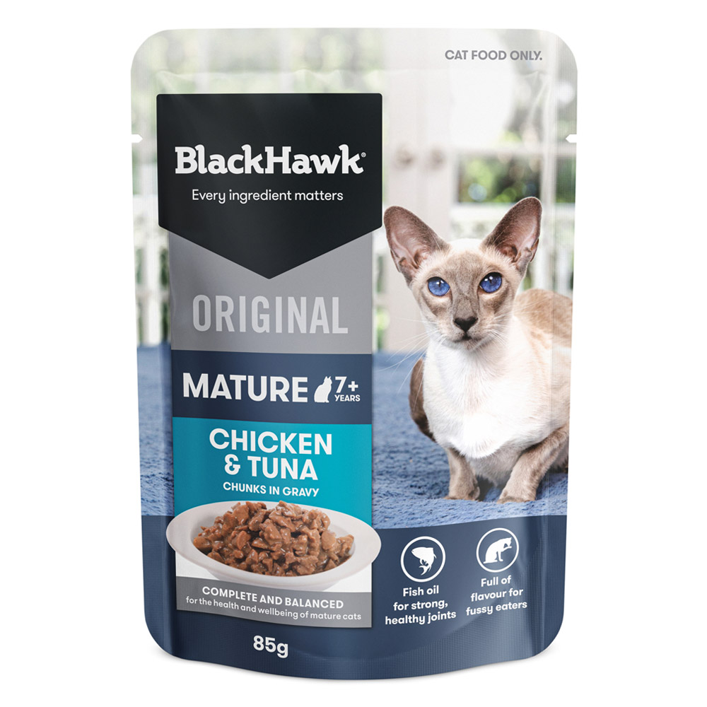 Buy Black Hawk Original Mature 7+ Chicken & Tuna Chunks In Gravy Wet ...