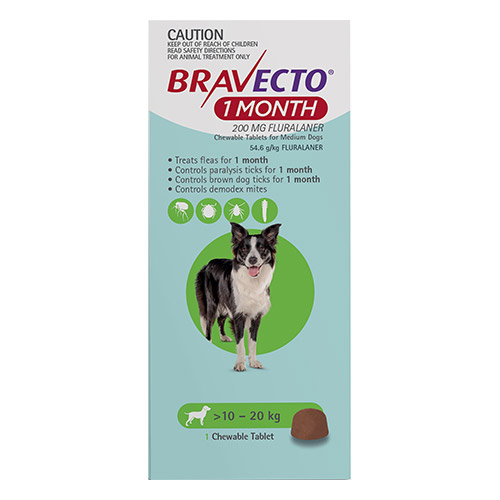 Buy Bravecto 1 Month Chew For Dogs 10-20 Kg -Medium (Green) - Free Shipping