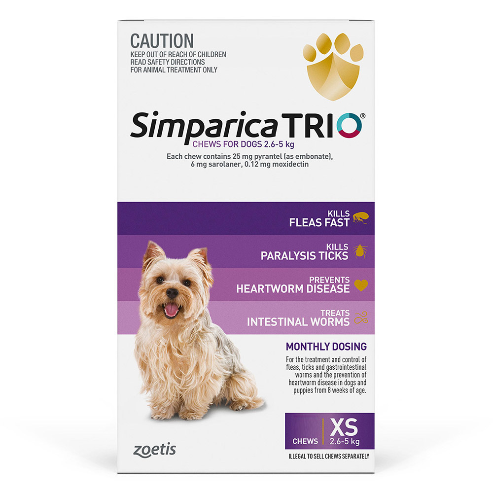 Buy Simparica Trio For Xsmall Dogs 2.6-5kg (Purple) - Free Shipping